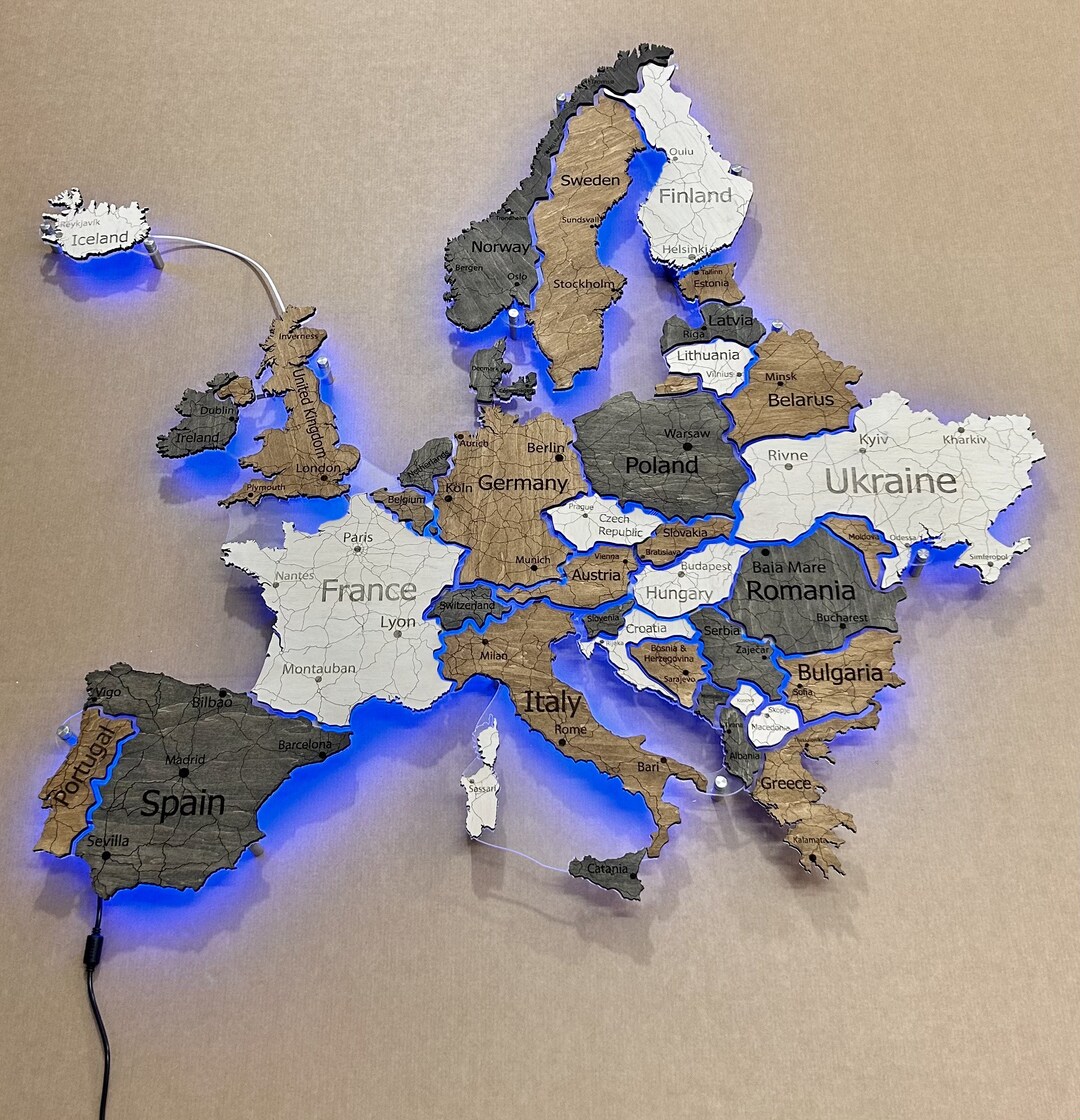 Europe LED Map, Detailed Pin Map With 3D Wall Art Effect, Gift for ...