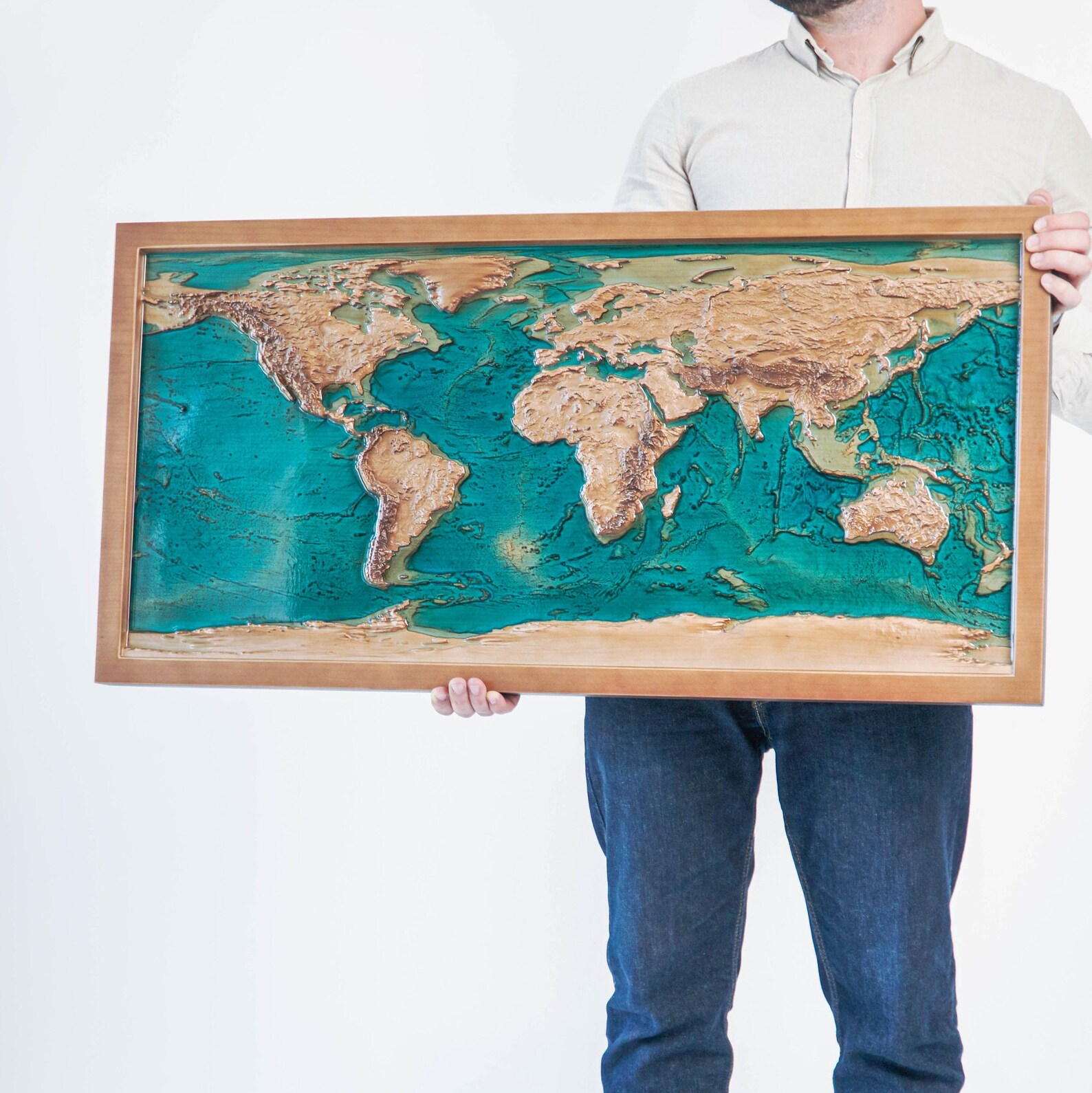 EPOXY 3D Topographic World Map From Ash 100x50x5cm 39.4x19.7x2 In Color ...