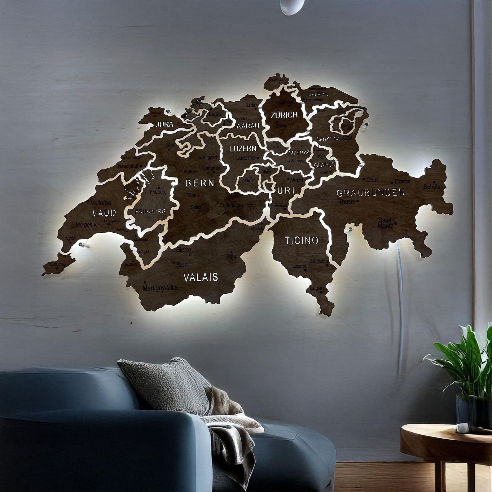 Wooden Switzerland Map Wall Art , LED Custom Map, Large Wood Travel ...