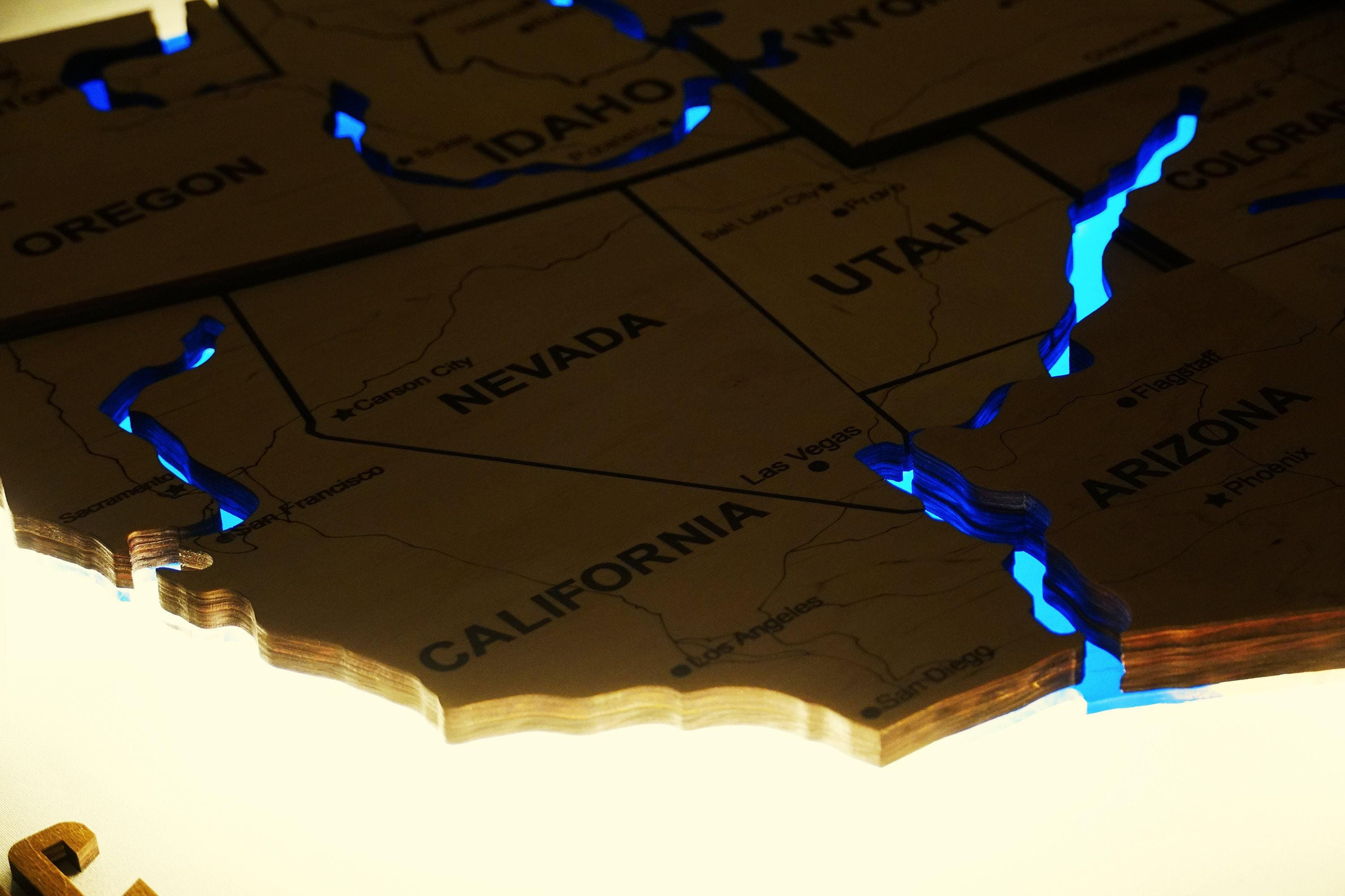 Wooden USA Map With Rivers and LED Backlight – Lighted US Wall Art With ...