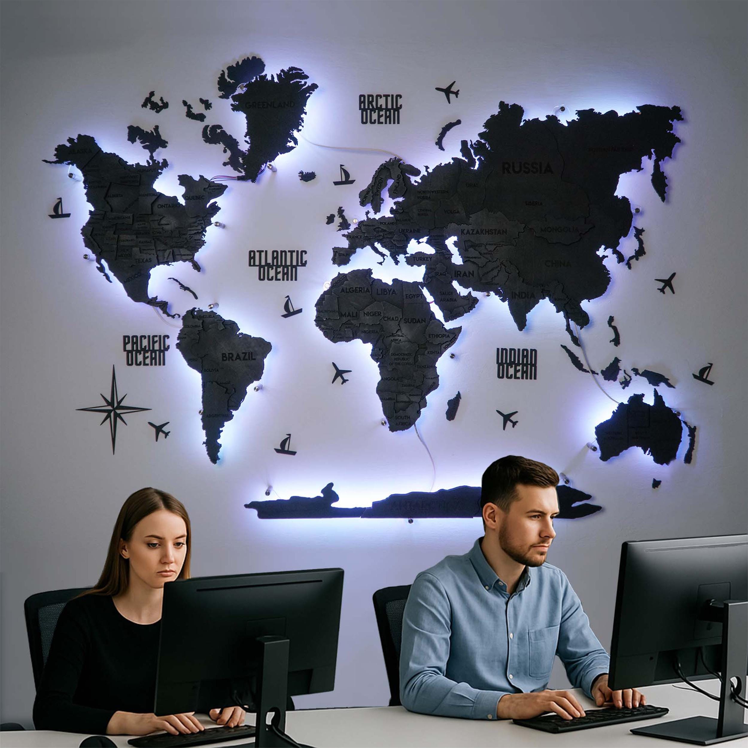 Black Wooden World Map With Blue LED Backlight – 3D Wall Map Art, Light ...