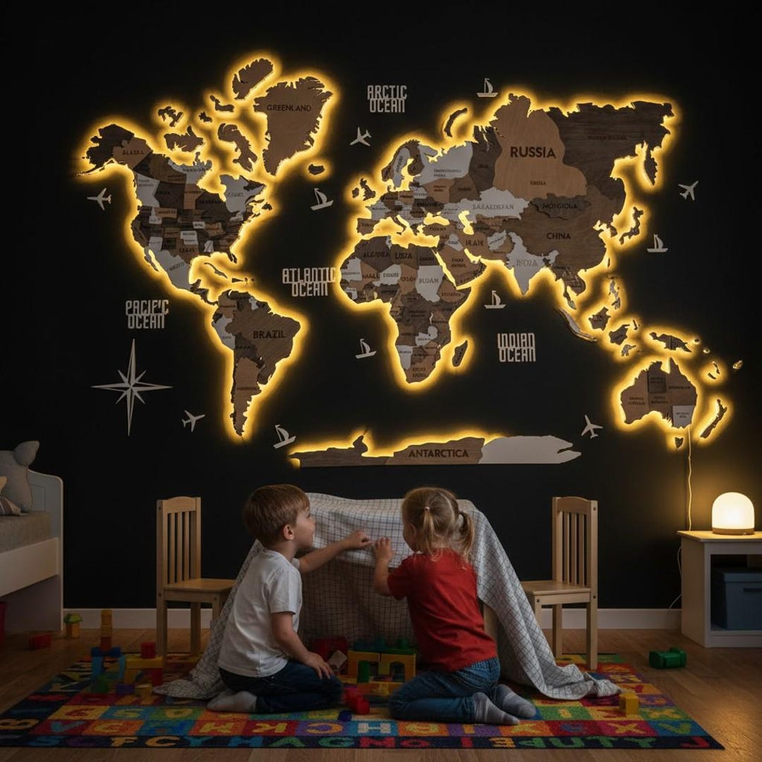 Wooden World Map LED - Light up Wall Map, 3D Wooden Map Decor, LED ...