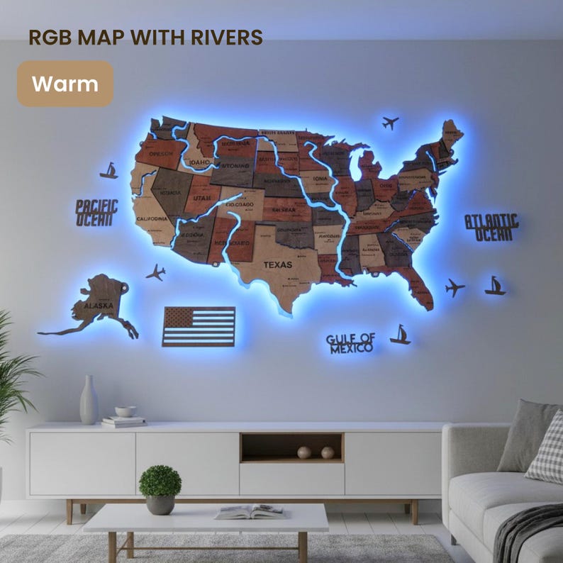 Wooden United States Map for Nursery, RGB Rivers Wall Art With State ...