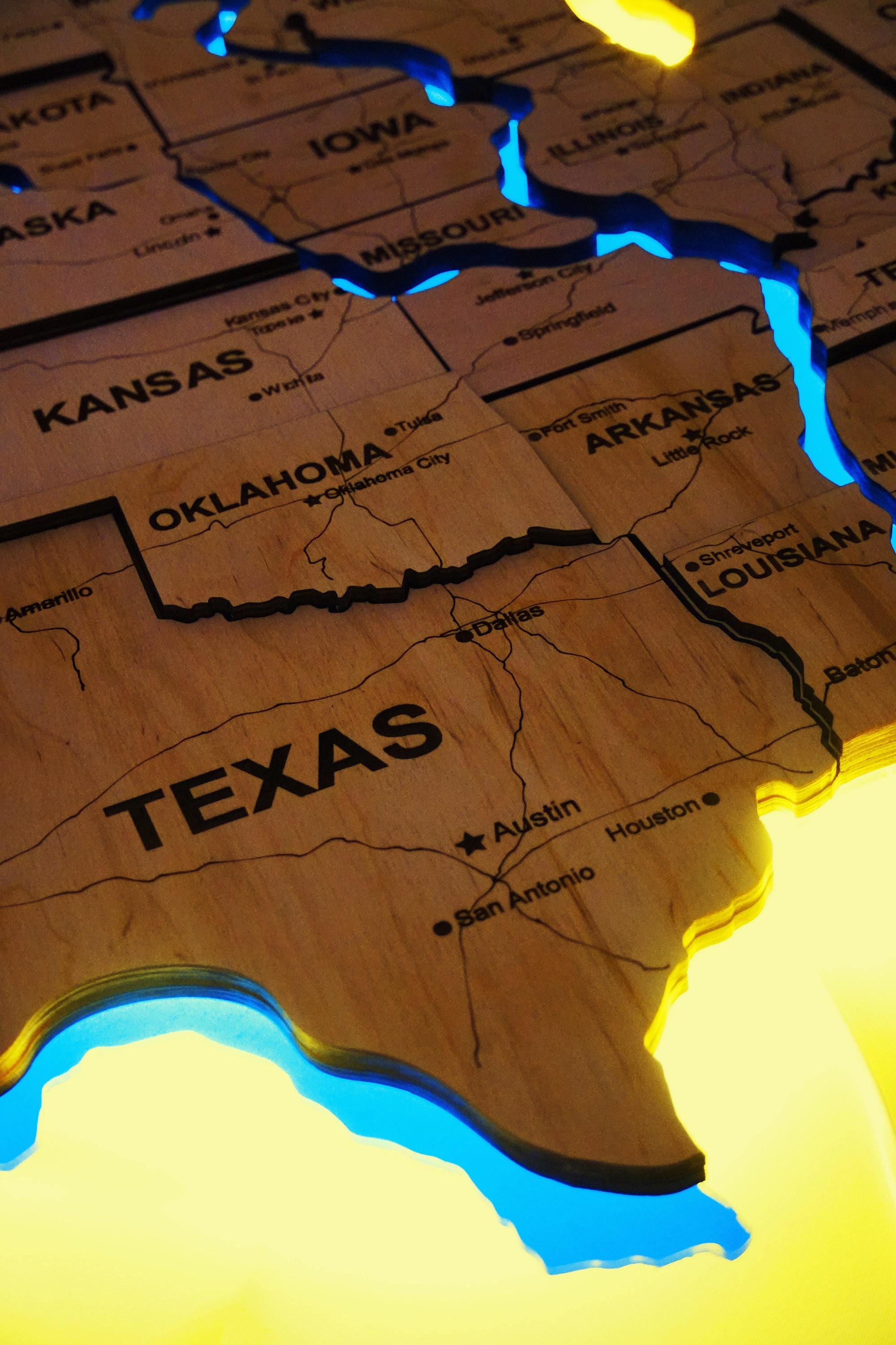 Wooden USA Map With Rivers – LED 3D Wall Art With State Names, Rustic ...