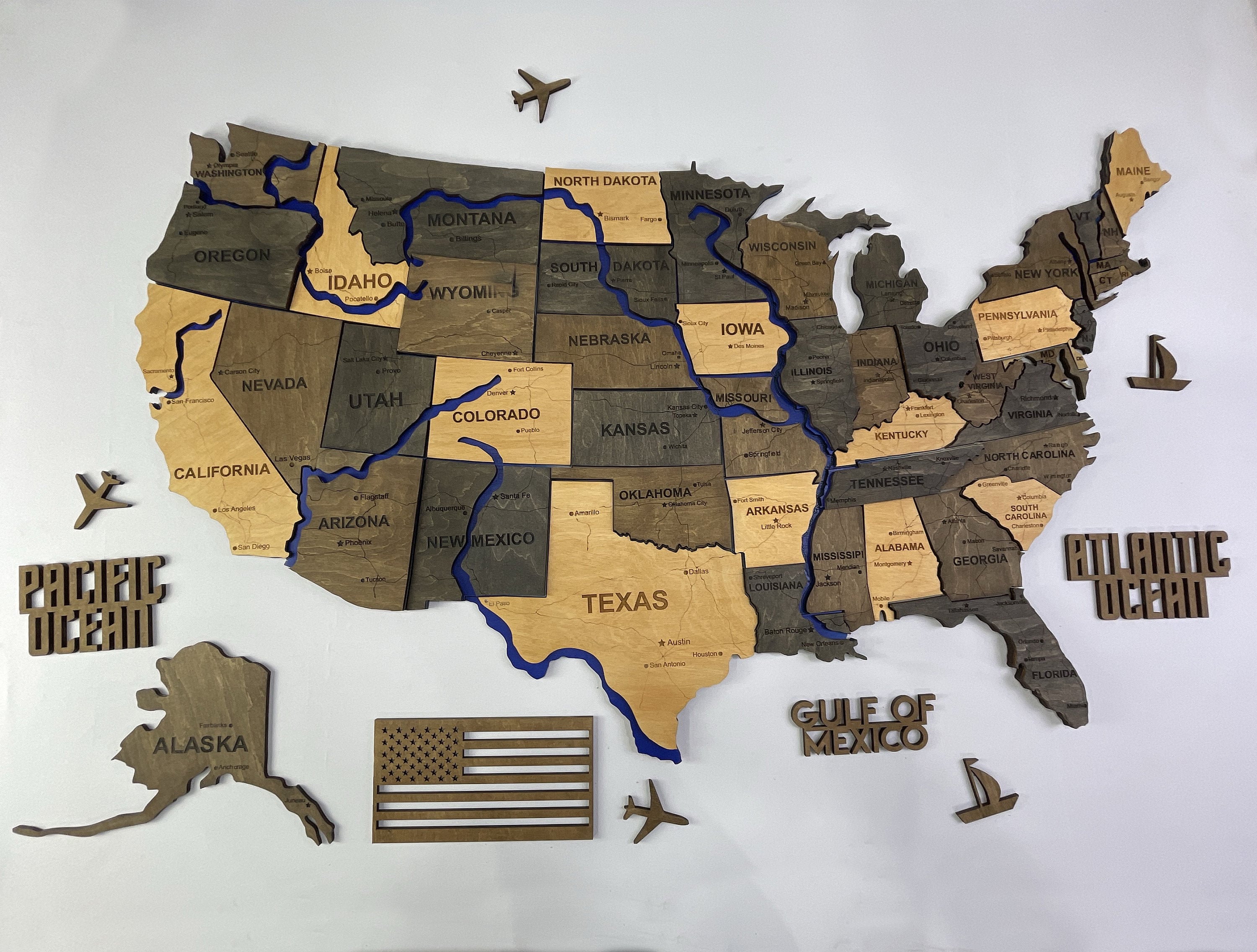 3D USA Map With Rivers and Roads, Color Brute, Wooden Travel Map, 3D ...