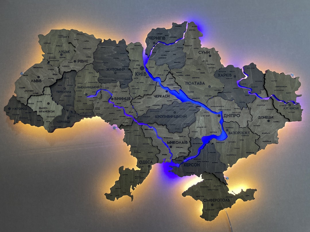 3D LED Wooden Map of Ukraine With Acrylic Rivers, Wood World Map, 3D ...