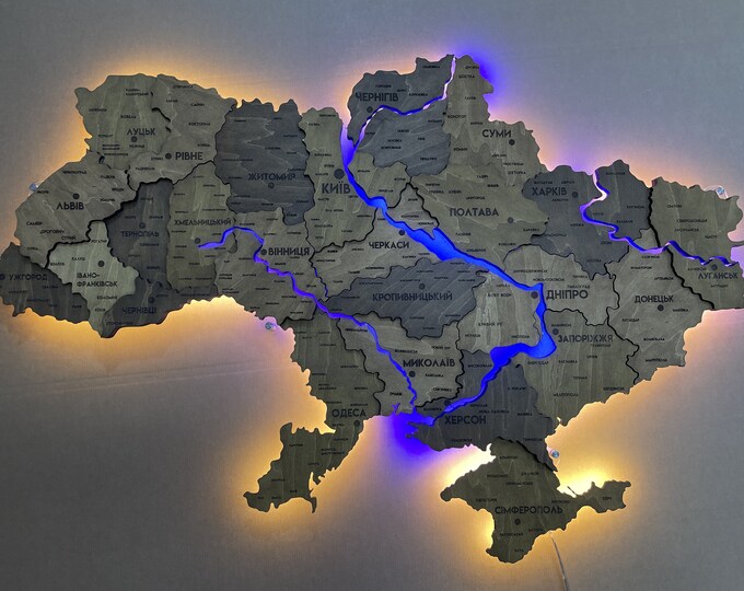 3D LED Wooden Map of Ukraine With Acrylic Rivers, Wood World Map, 3D ...