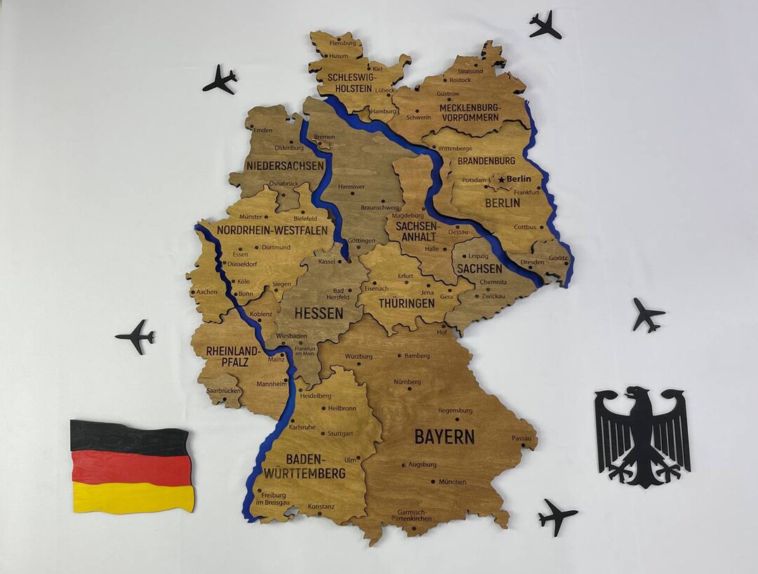 Wooden Map of Germany With Rivers - 3D Multilayer Dark Nut Wall Decor ...