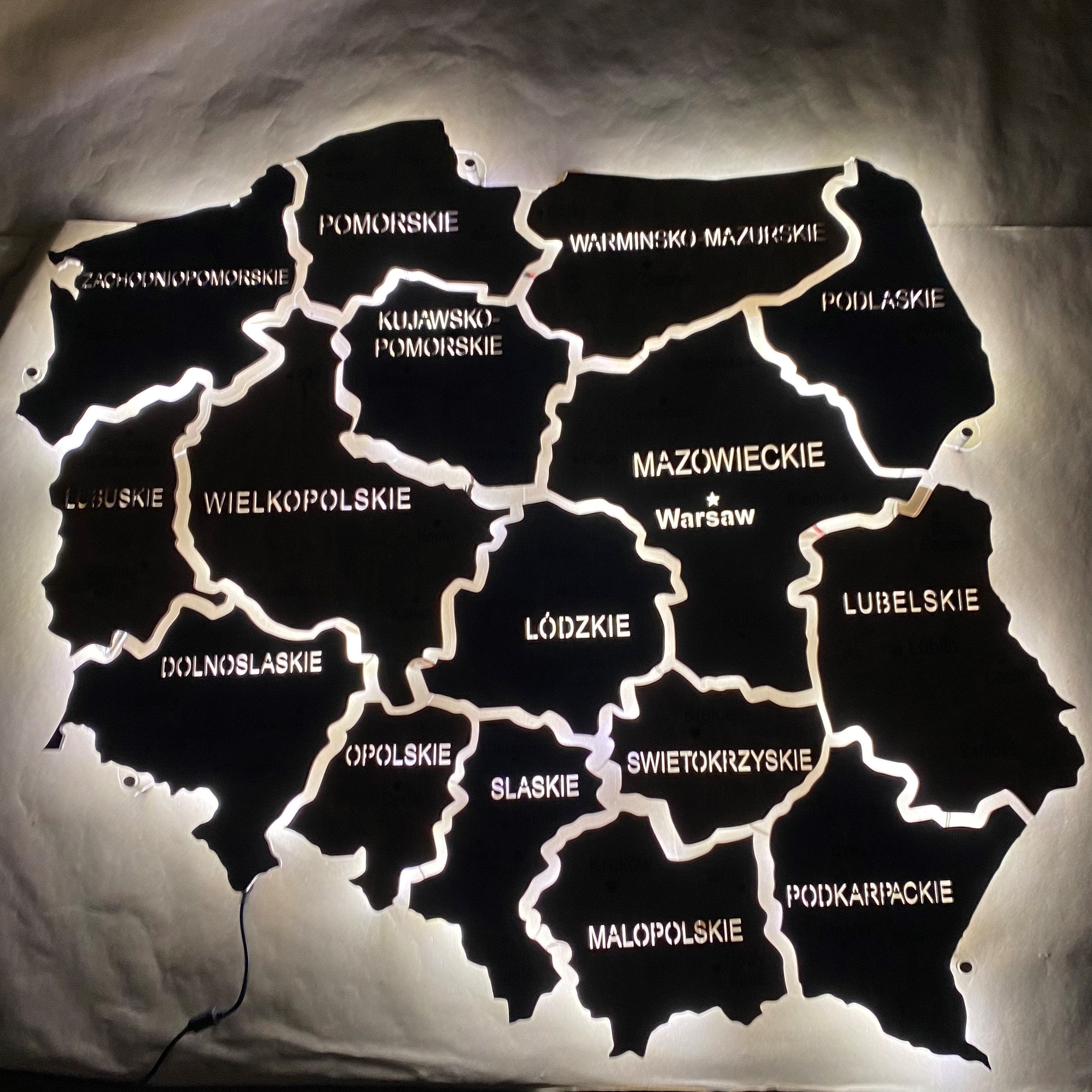 Map of Poland on Acrylic, Map With Illumination Between Areas lodz ...