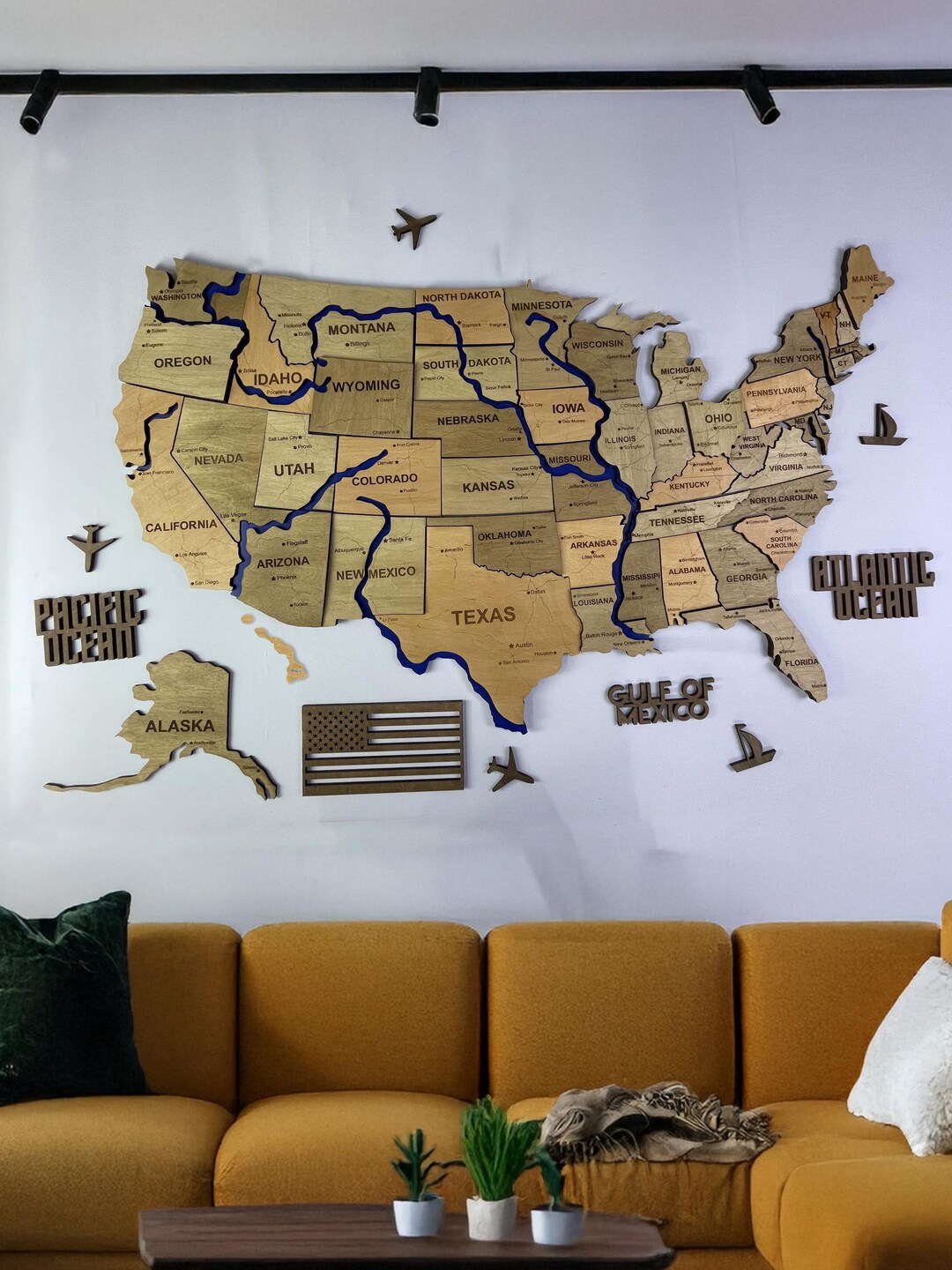 Light LED Wood USA Map – 3D Wooden Wall Art With Rivers and State Names ...