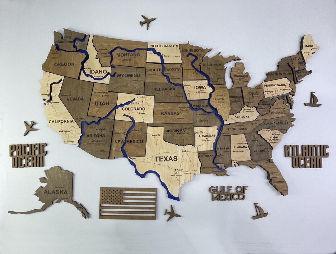 USA Travel Map Wooden, 3D Wall Map Art, Wall Map With LED Lights, Wood ...