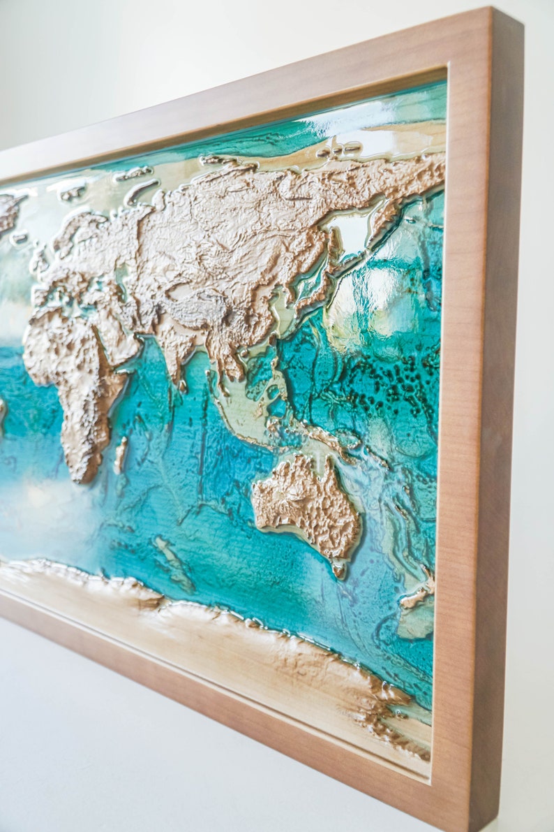 EPOXY 3D Topographic World Map From Ash 100x50x5cm 39.4x19.7x2 In Color ...