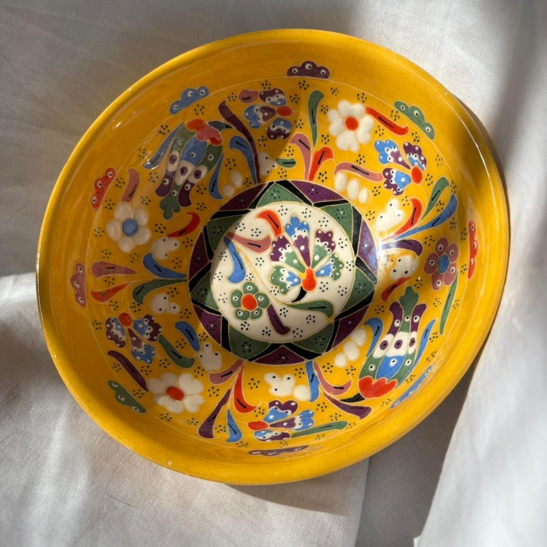 Vintage Hand-painted Yellow Gorgeous Floral Bowl Home Decor Drop Dish ...