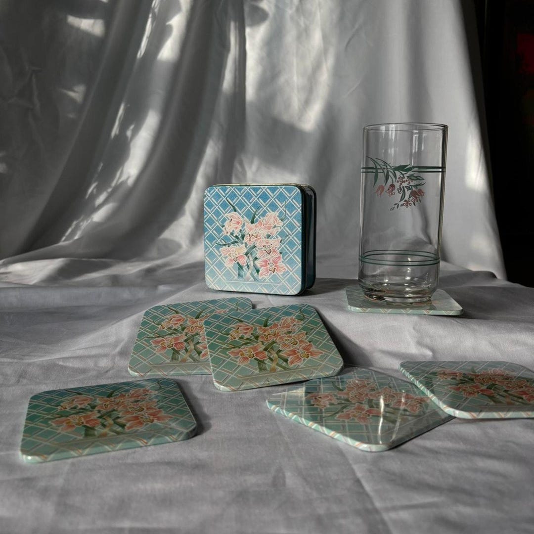 Vintage 1987 Justin Coopersmith Tin Set of Six Coasters Pink Irises on ...