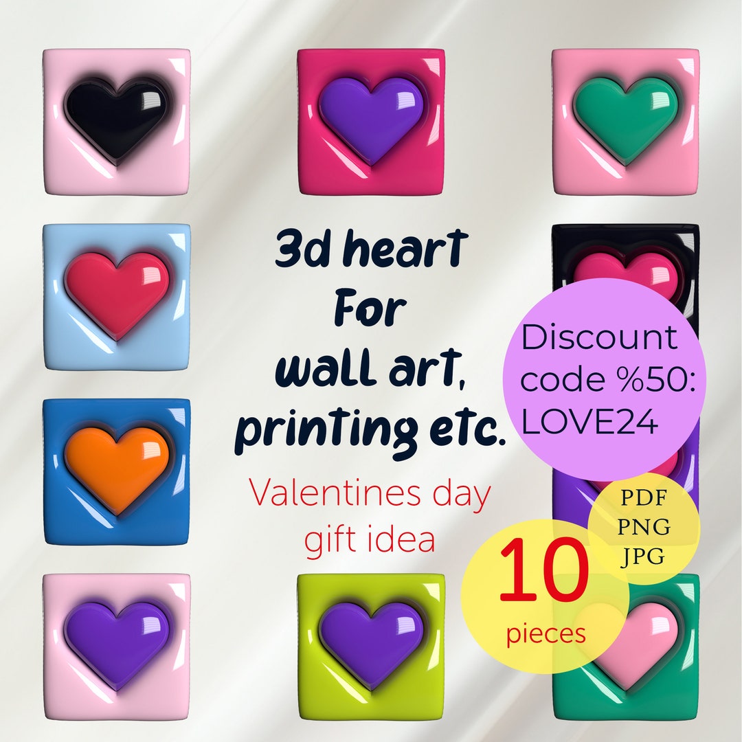 3d Valentines Day Hearts Clip Art Set of 10 Pngs High Resolution PDF ...