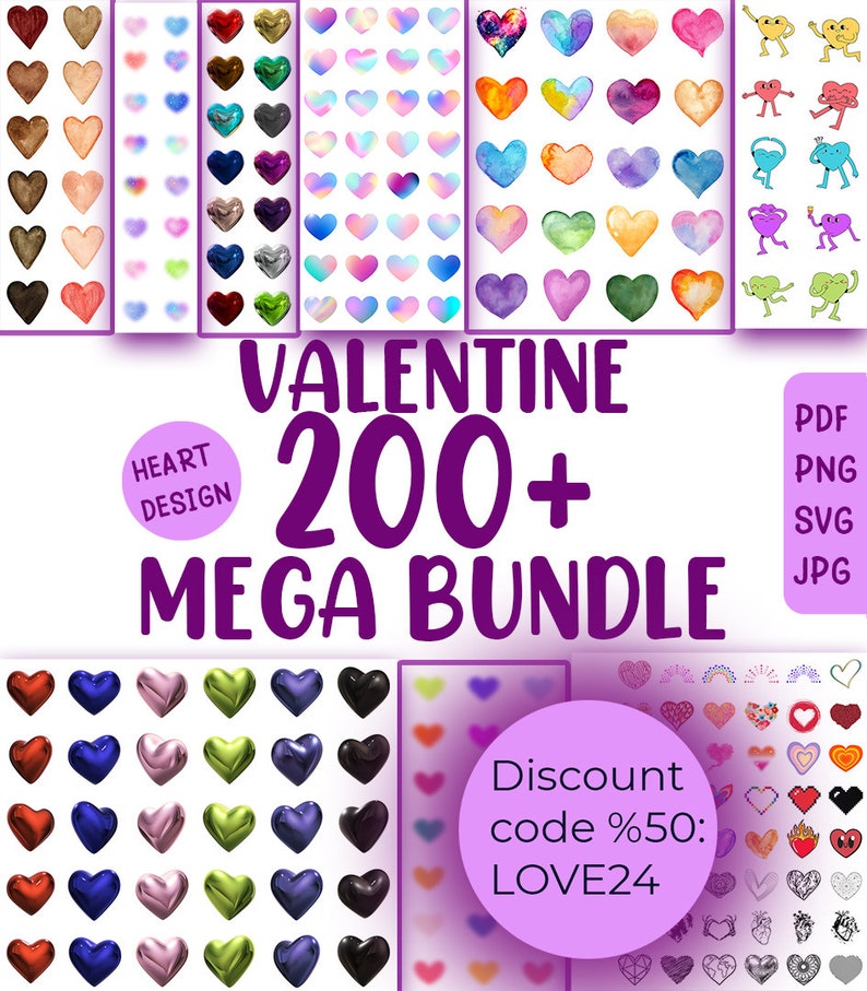 Hearts Mega Bundle SVG, PNG, PDF, Jpg Hearts 200 Printable Hearts Heart ...