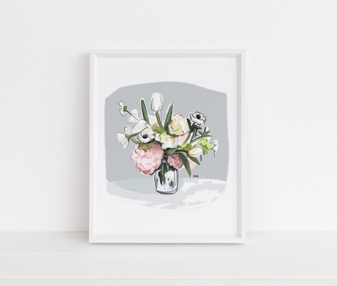 Gray Floral Art Print, Original Hand-painted Flower Bouquet / 8x10 ...