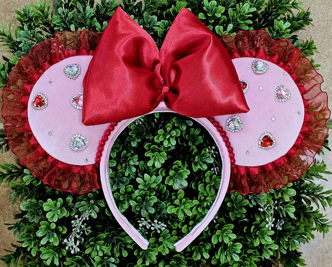 Velvet Valentine – Pink Velvet Minnie Ears With Rhinestone Hearts, Red ...
