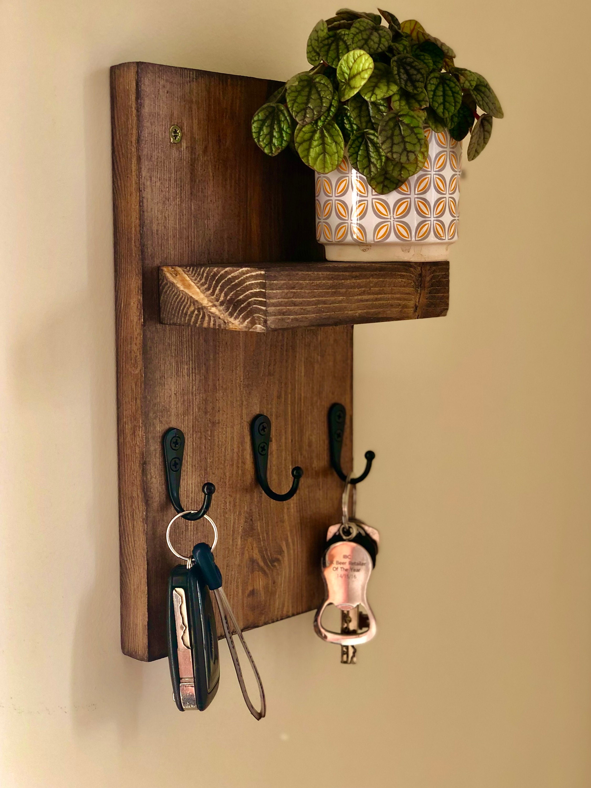 Key Hooks With Shelf Handmade From Solid Wood and Metal Hooks - Etsy UK