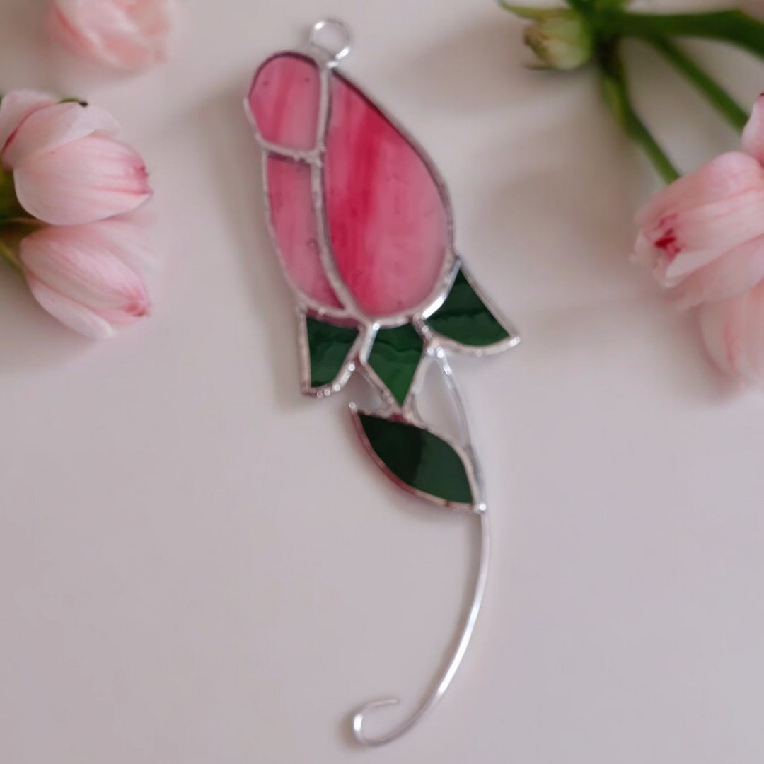 Pink Stained Glass Rosebud Suncatcher - Etsy
