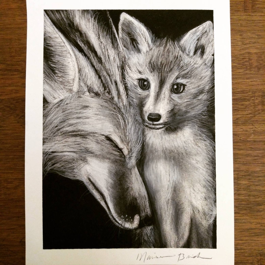 Charcoal ORIGINAL Fox Mom and Kit - Etsy