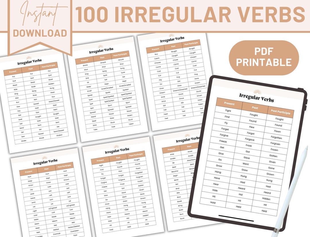 Irregular Verbs Chart | English Grammar Cheat Sheet | Printable PDF ...