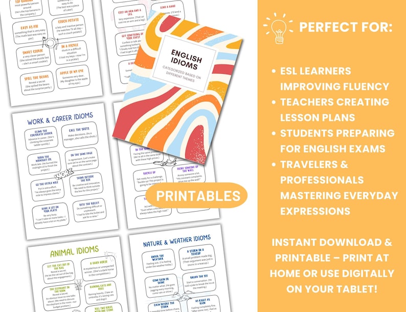 English Idioms Printable | Language Learning Study Guide | ESL ...