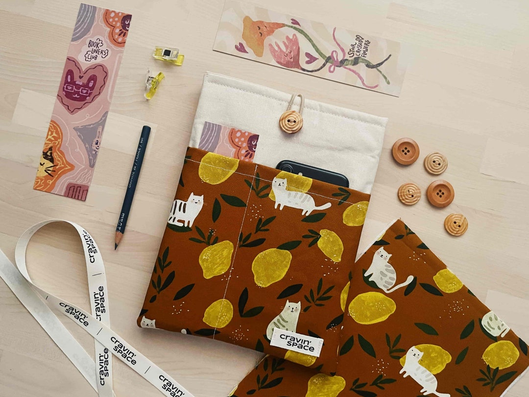 Lemon Cats Fabric Book Pouch With Pockets Book Sleeve Handmade Gift for ...