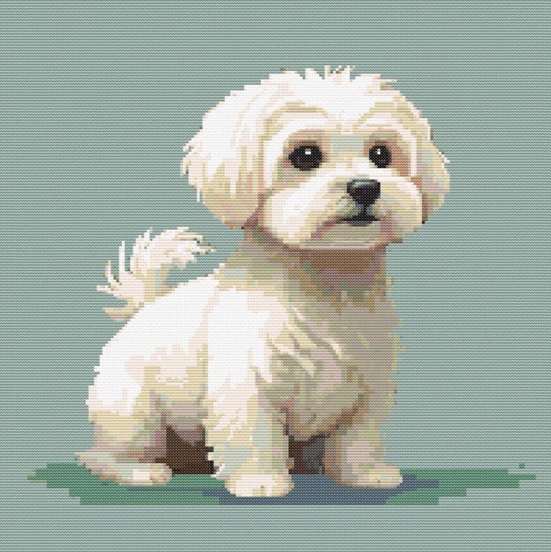 Maltipoo in Blue Cross Stitch Pattern - Design Size: 200 X 200 Stitches ...