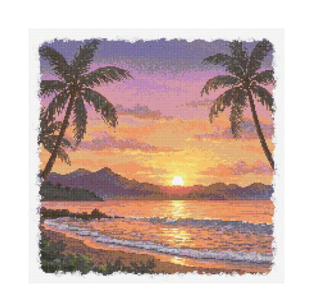 Palm Tree Sunset Watercolor Cross Stitch Pattern - Design Size: 200 X ...