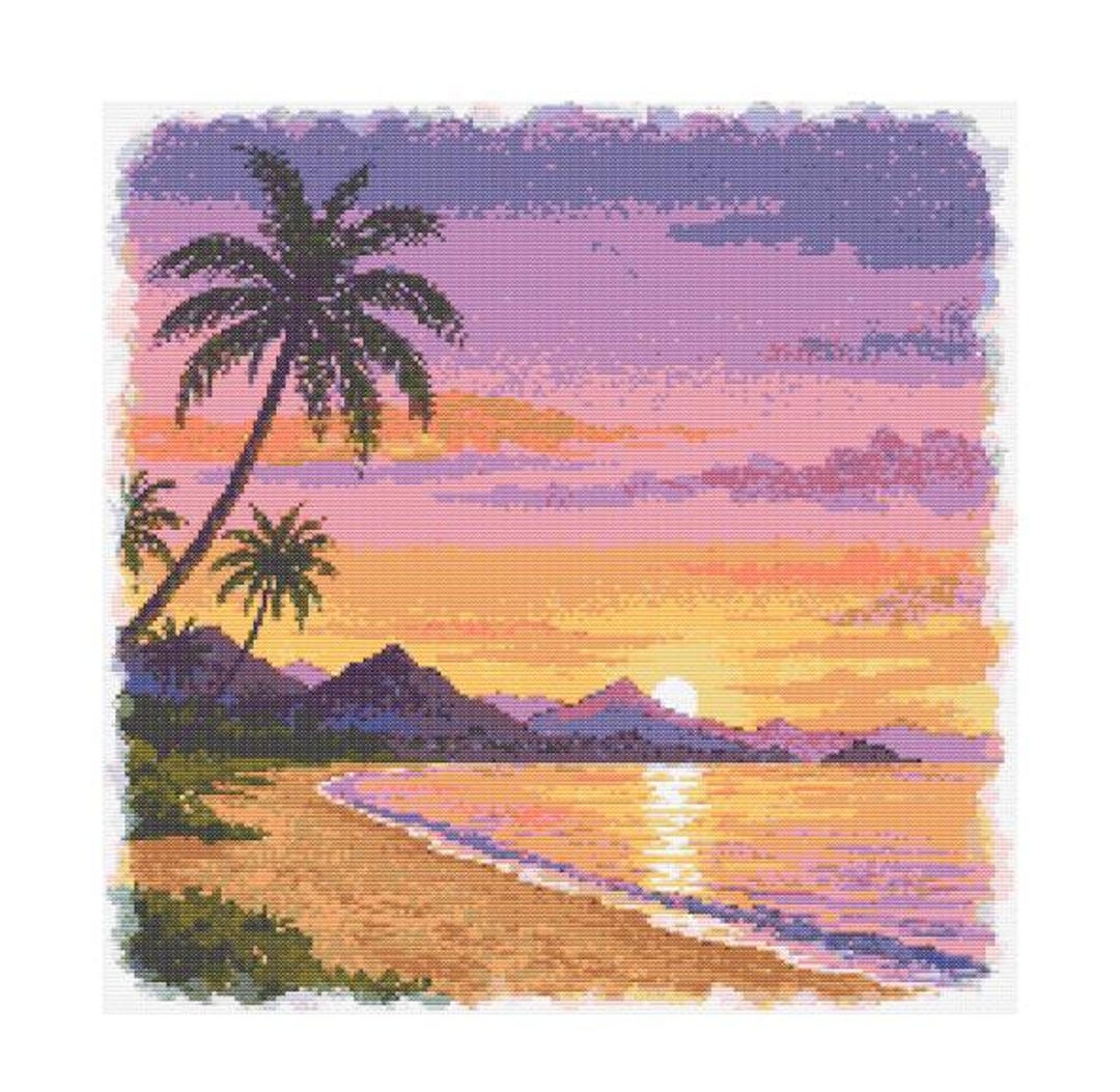 Palm Tree Sunset Watercolor Cross Stitch Pattern - Design Size: 200 X ...