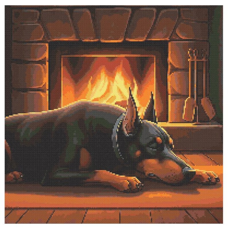 Sleepy Doberman by the Fire Cross Stitch Pattern - Design Size: 200 X ...