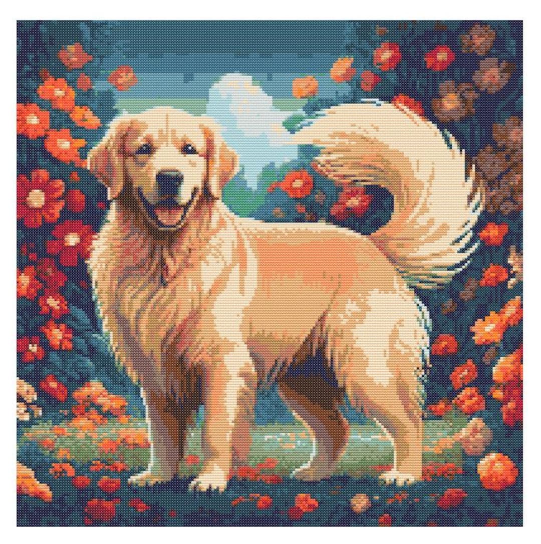 Golden Retriever With Flowers Cross Stitch Pattern - Design Size: 200 X ...