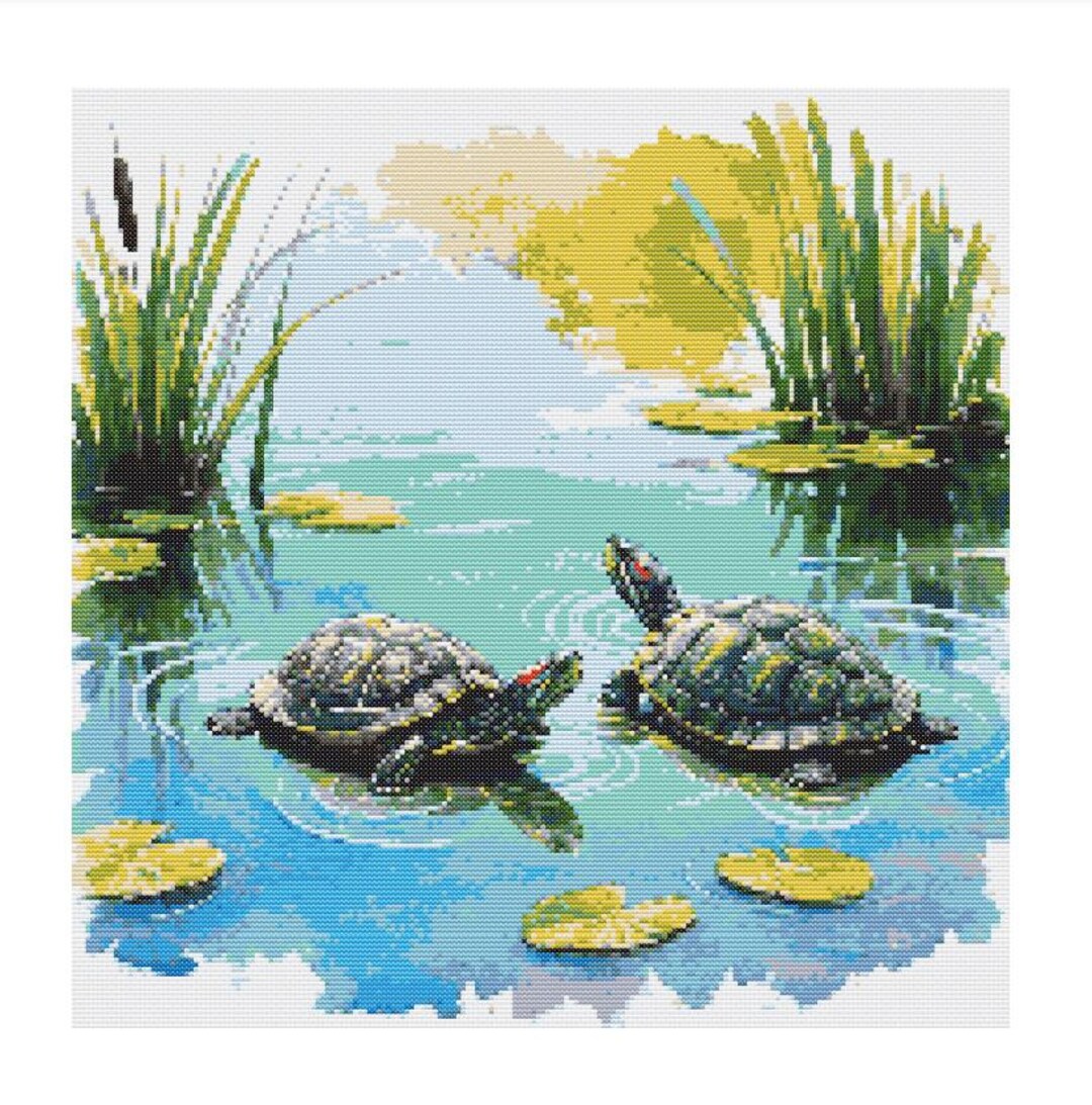 Green Eared Slider Turtles Watercolor Cross Stitch Pattern - Design ...