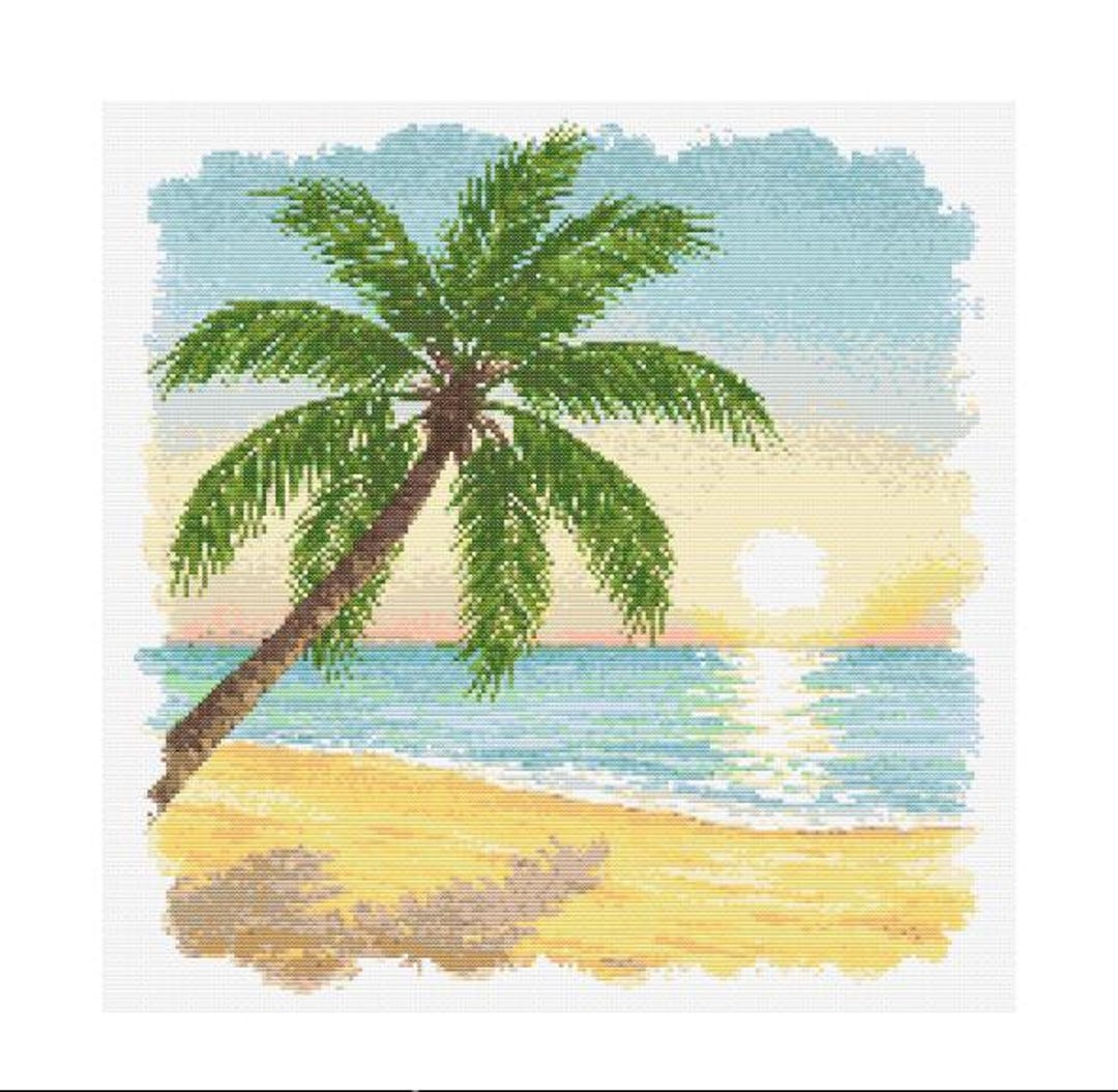 Palm Tree Beach Day Watercolor Cross Stitch Pattern - Design Size: 200 ...