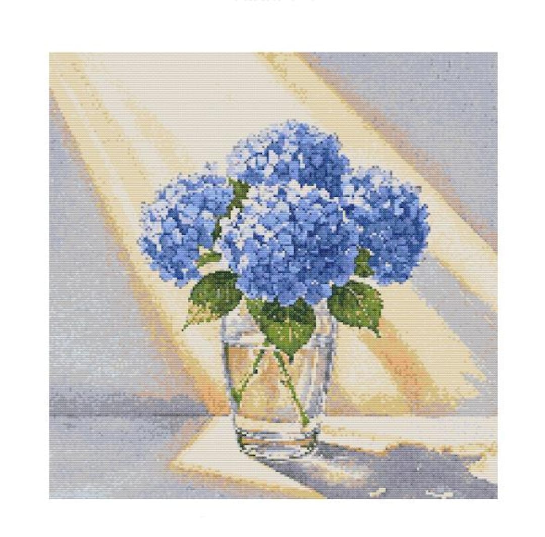 Blue Hydrangeas in Sunbeam Watercolor Cross Stitch Pattern - Design ...