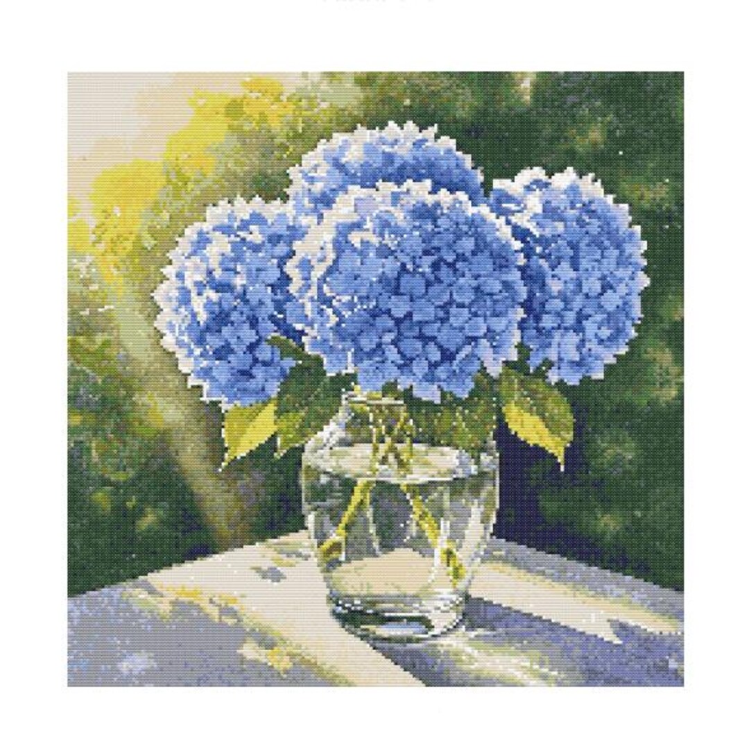 Blue Hydrangeas in Sunbeam Watercolor Cross Stitch Pattern - Design ...