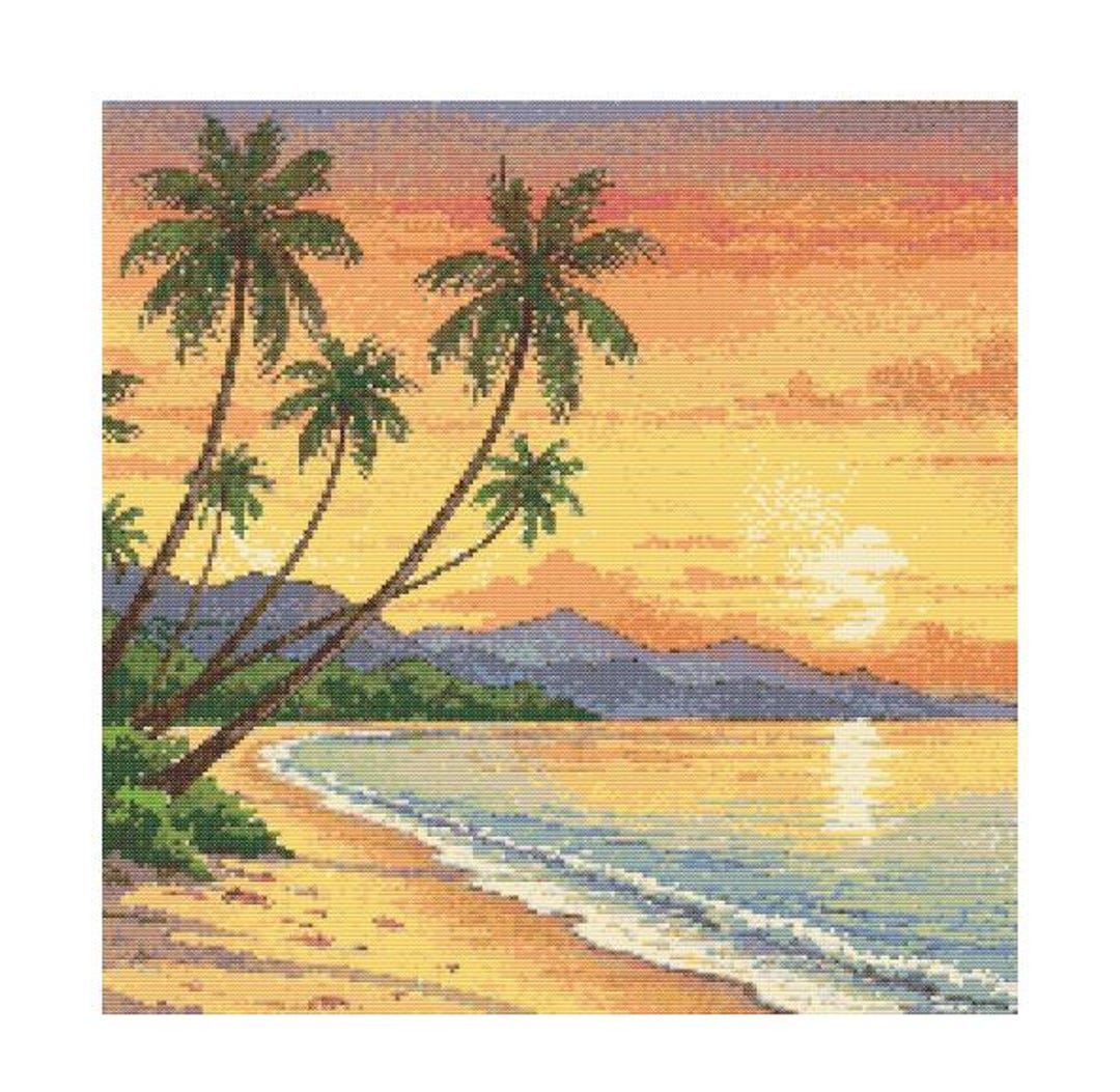 Palm Tree Sunset Watercolor Cross Stitch Pattern - Design Size: 200 X ...