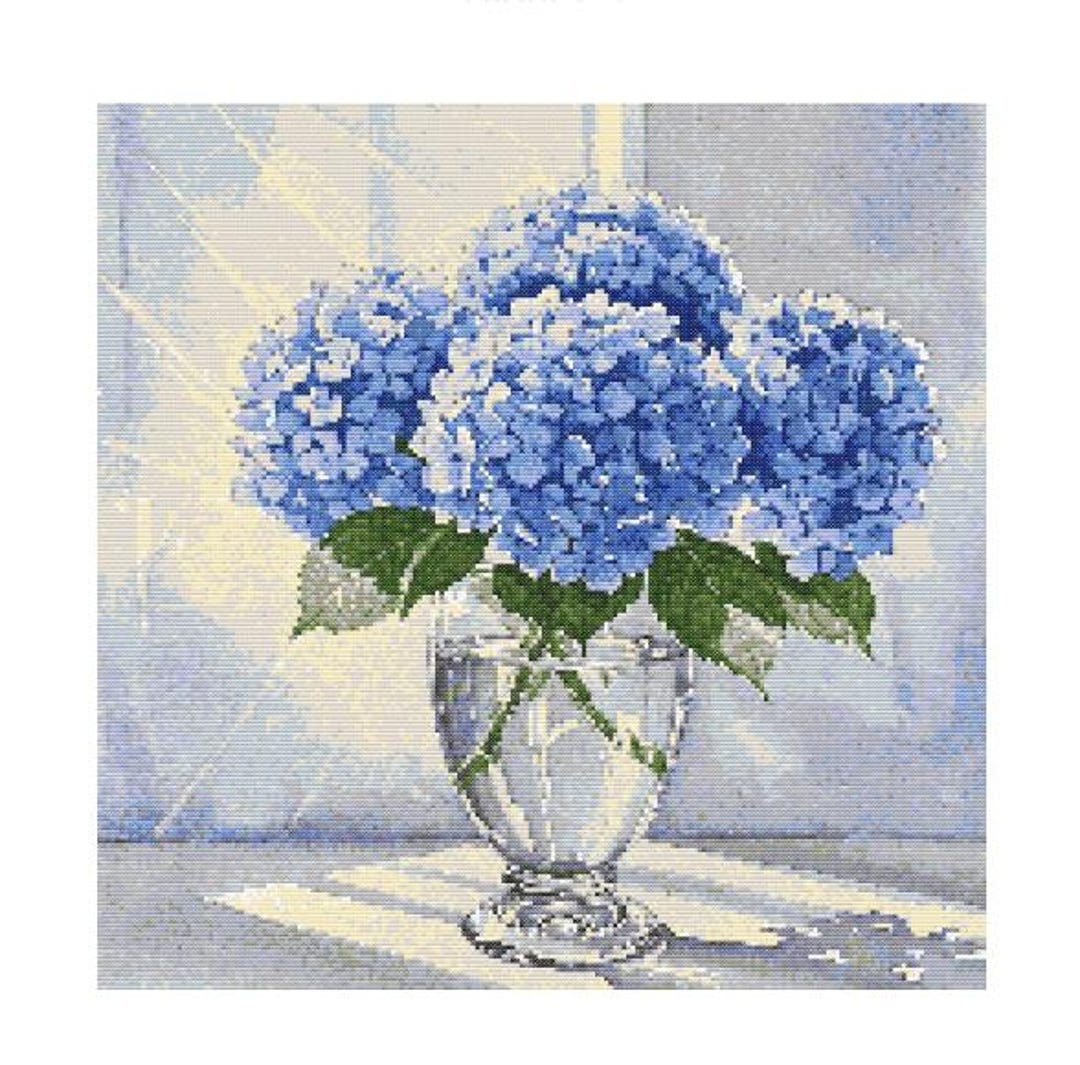 Blue Hydrangeas in Sunbeam Watercolor Cross Stitch Pattern - Design ...