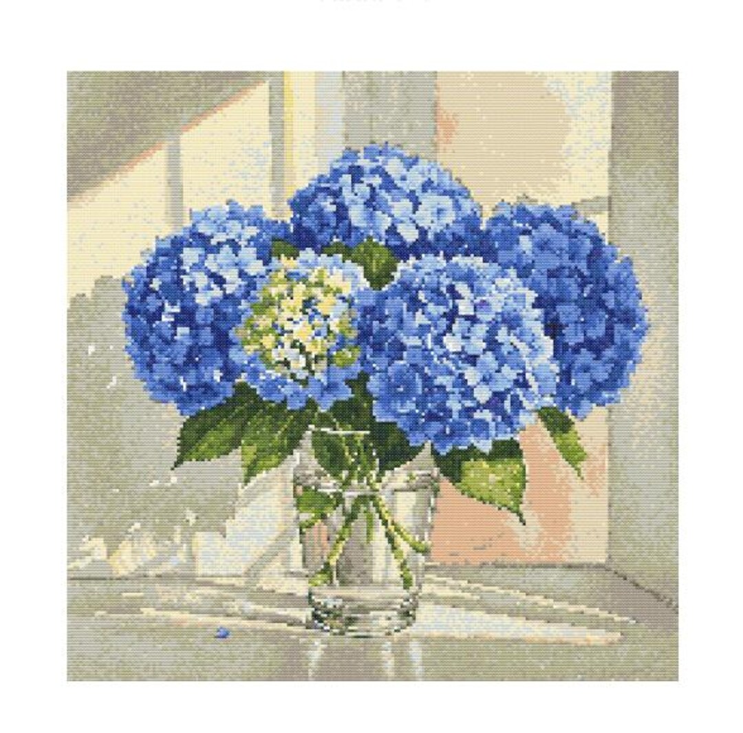 Blue Hydrangeas in Sunbeam Watercolor Cross Stitch Pattern - Design ...