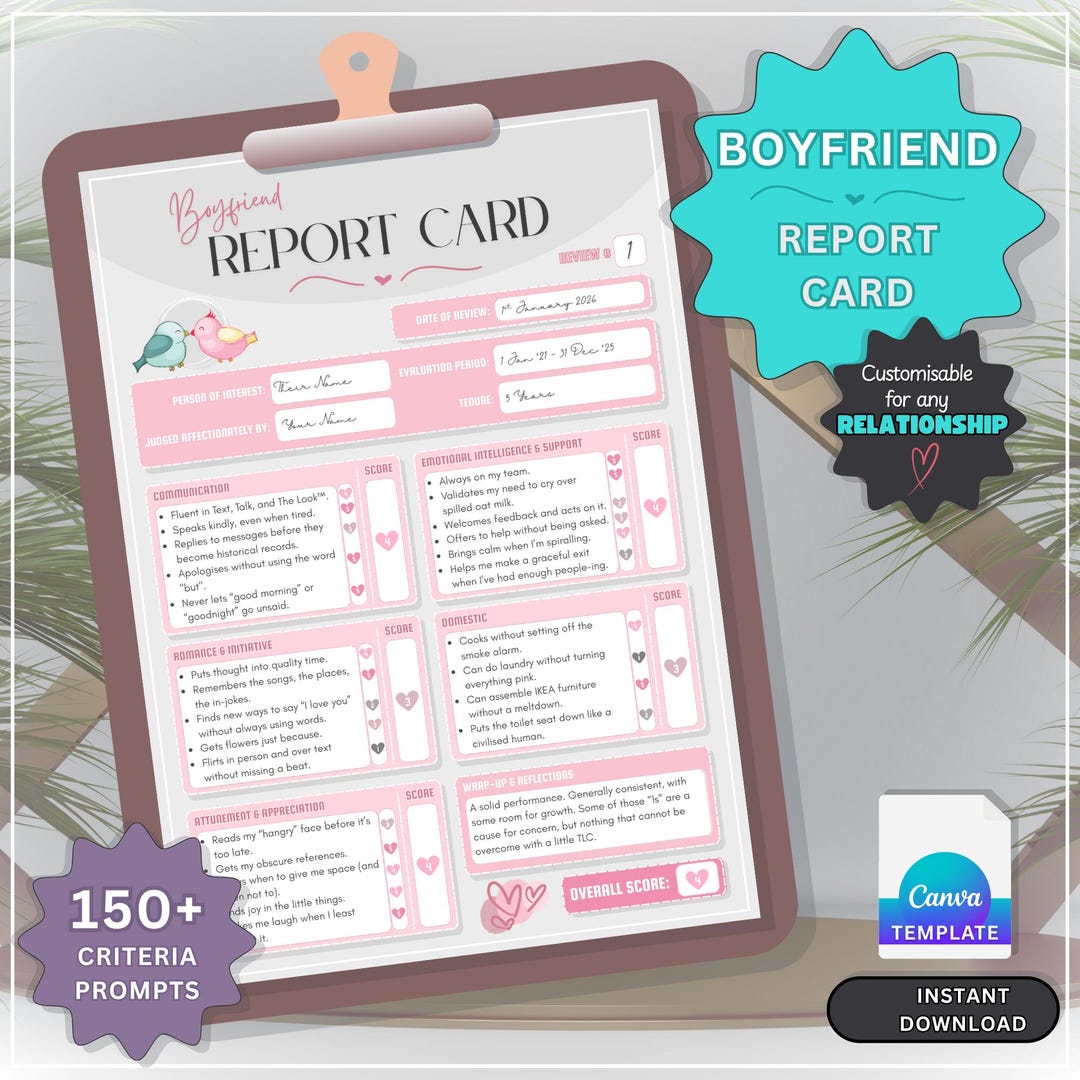 Boyfriend Report Card - Canva Template - Customisable Relationship ...