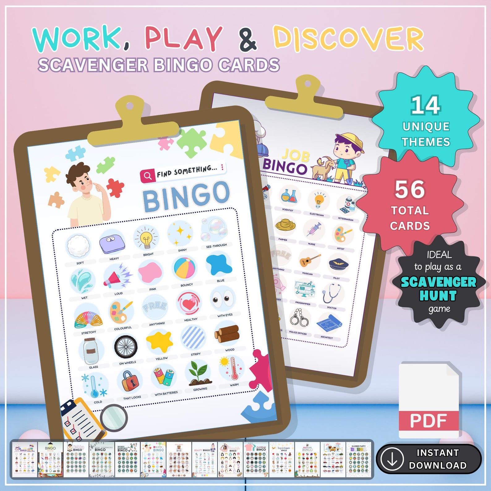 Scavenger Hunt Bingo Cards - Work, Play & Discover - 56 Cards - No ...