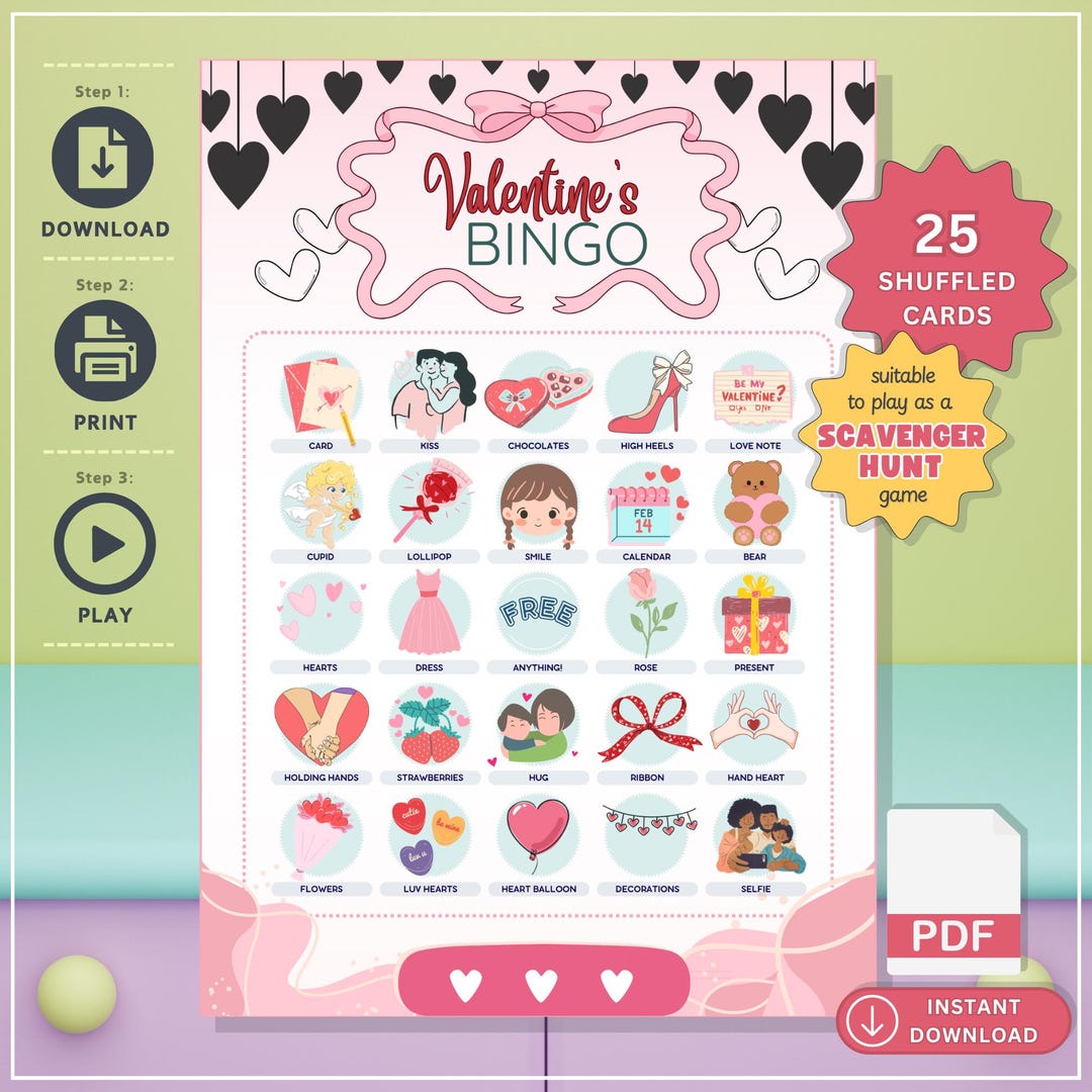 Valentines Day Bingo Cards - Scavenger Hunt - 25 Shuffled Cards - No ...