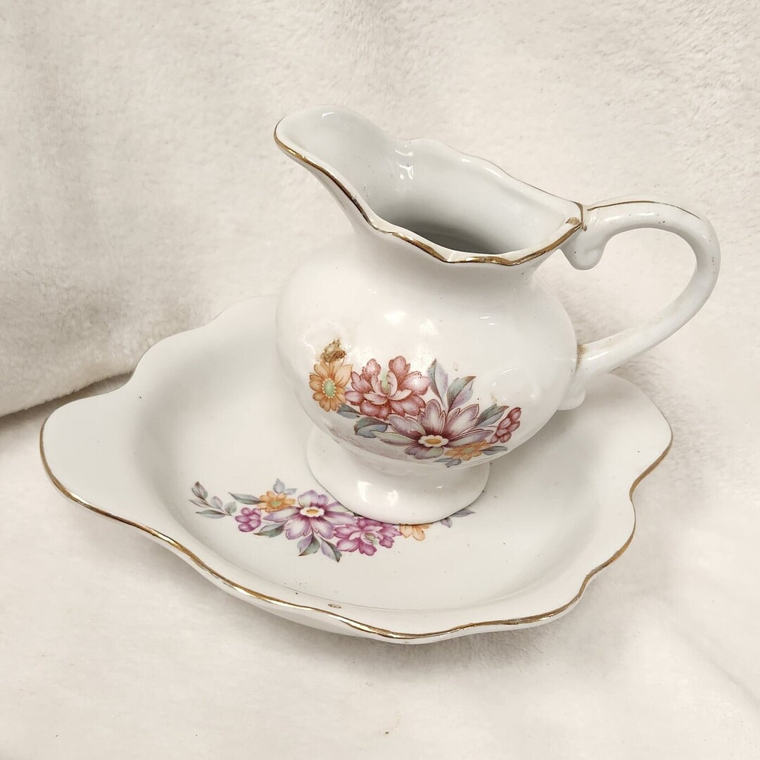 Antique Porcelain Syrup or Gravy Pitcher With Drip Plate Vintage ...