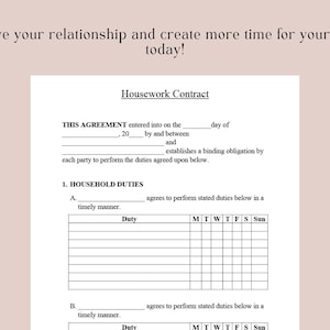 Relationship-saving Chore Contract Printable, Housework Agreement ...