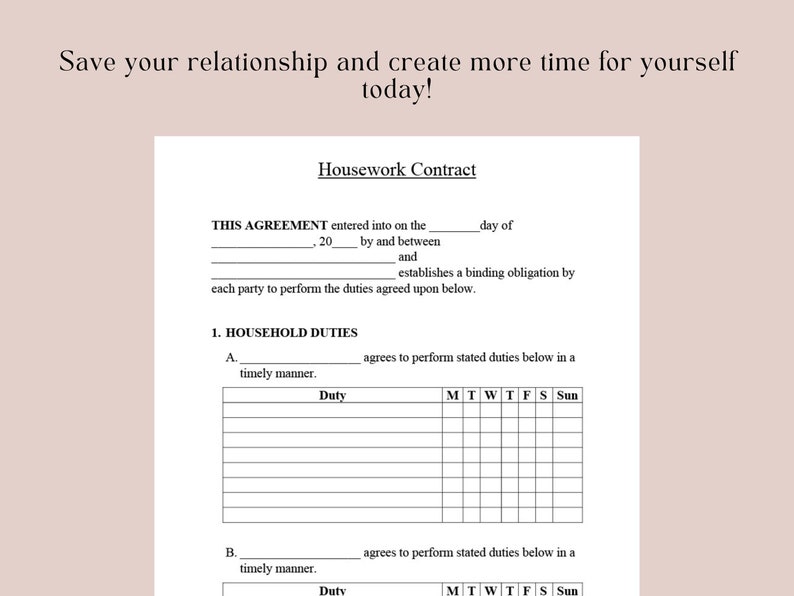 Relationship-saving Chore Contract Printable, Housework Agreement ...