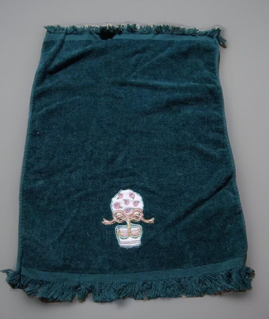 Revere Mills Hand Towel Dark Green Apple Tree Pot Bow 17x11 Inch Cotton ...