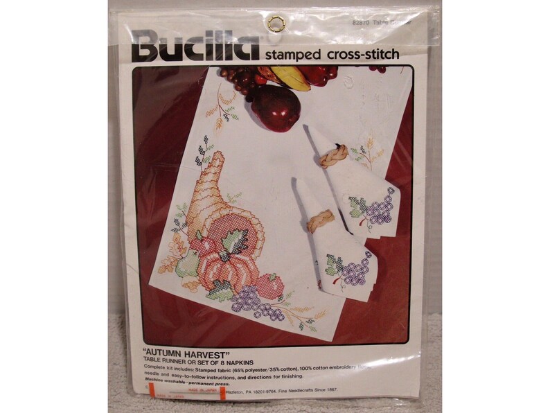 Bucilla Autumn Harvest Stamped Cross Stitch Table Runner or Napkins NEW ...