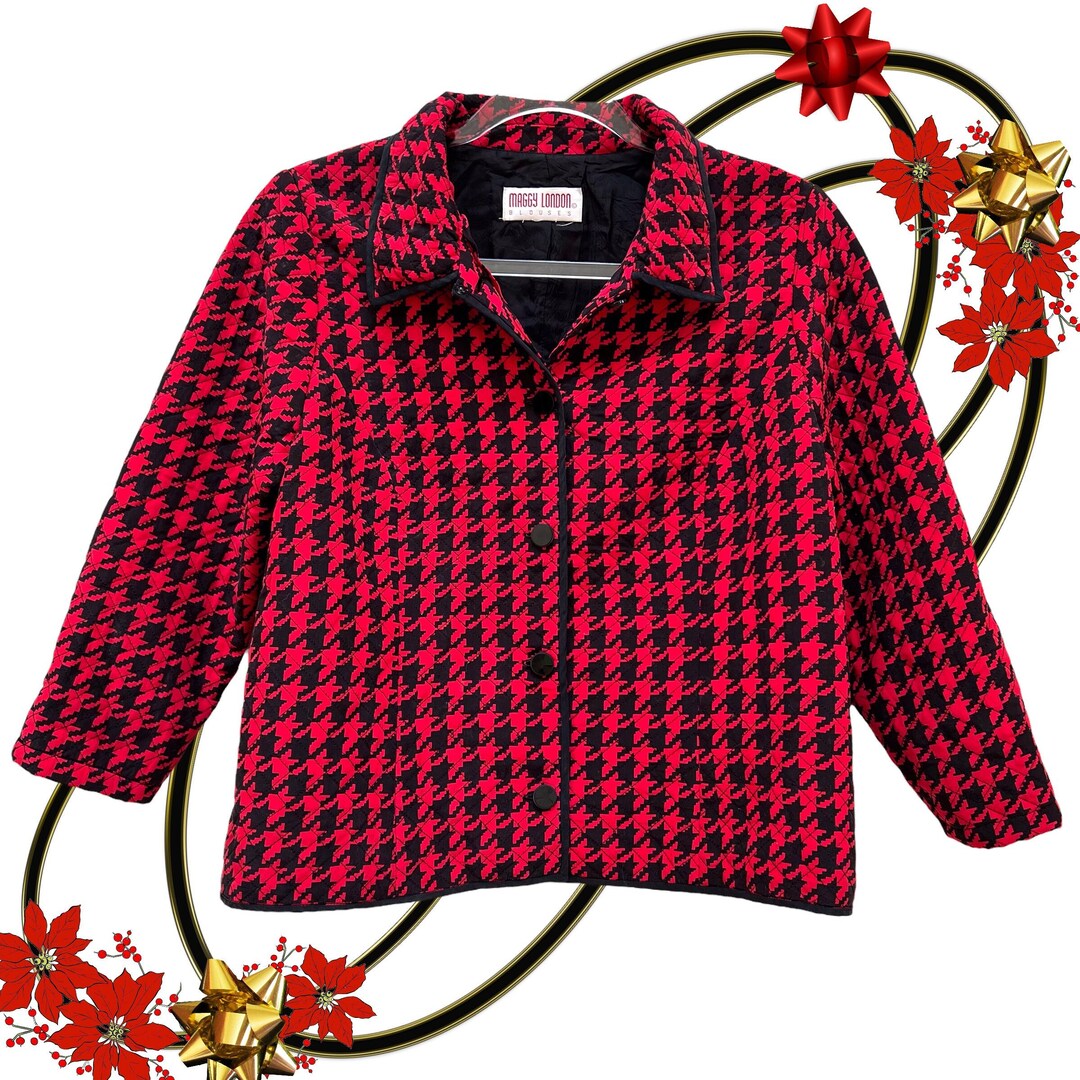 Vintage Maggy London Quilted Silk Red Houndstooth Jacket Shacket Blazer ...