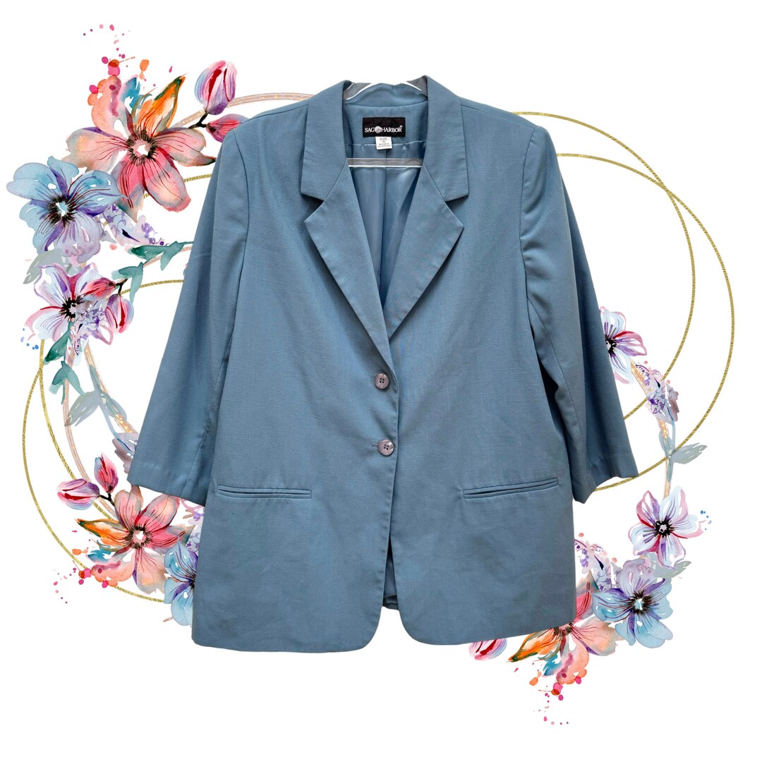 80s 90s Sag Harbor Dusty Powder Blue Boyfriend Blazer • Minimalist New ...